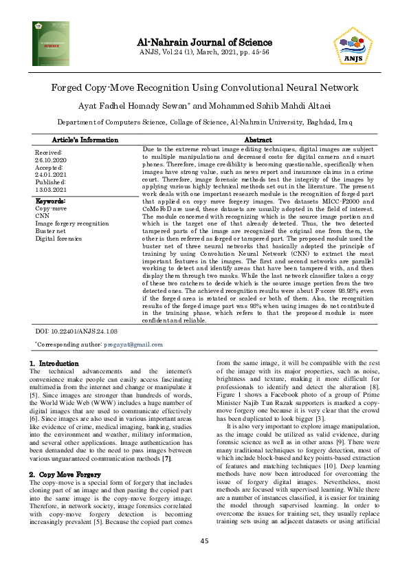 (PDF) Forged Copy-Move Recognition Using Convolutional Neural Network