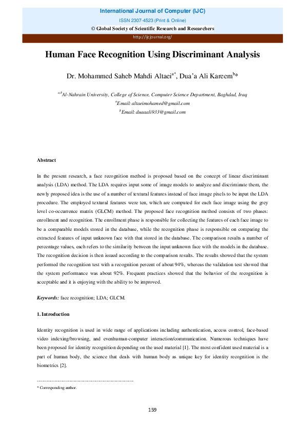 (PDF) Human Face Recognition Using Discriminant Analysis