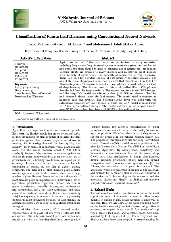 Pdf Classification Of Plants Leaf Diseases Using Convolutional Neural Network
