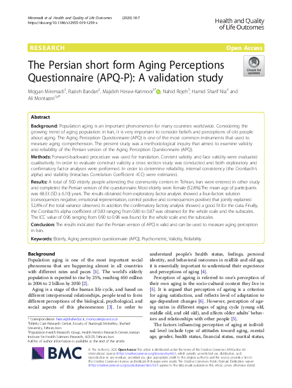 (PDF) The Persian short form Aging Perceptions Questionnaire (APQ-P): A validation study