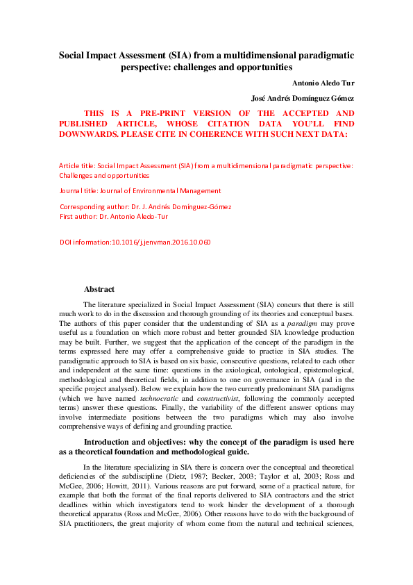 (PDF) Social Impact Assessment (SIA) from a multidimensional paradigmatic perspective ...