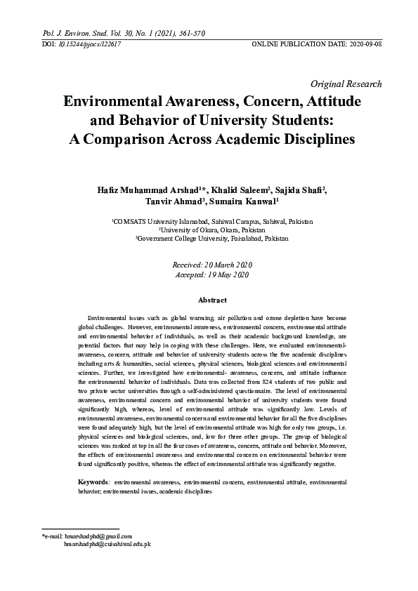 (PDF) Environmental Awareness, Concern, Attitude and Behavior of ...