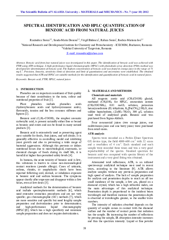 (PDF) Spectral Identification and HPLC Quantification of Benzoic Acid ...
