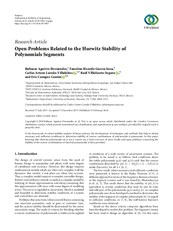 (PDF) Open Problems Related to the Hurwitz Stability of Polynomials ...