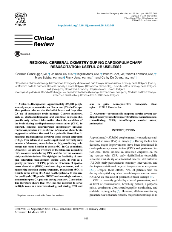 (PDF) Regional Cerebral Oximetry During Cardiopulmonary Resuscitation ...