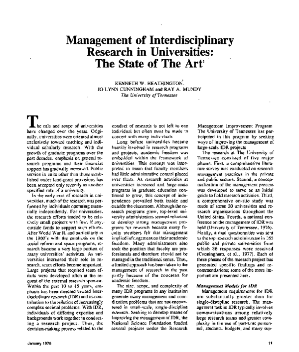 (PDF) Management of Interdisciplinary Research in Universities: The State of The Art
