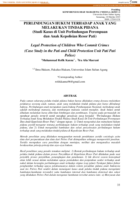(PDF) PERLINDUNGAN HUKUM TERHADAP ANAK YANG MELAKUKAN TINDAK PIDANA (Studi Kasus di Unit ...