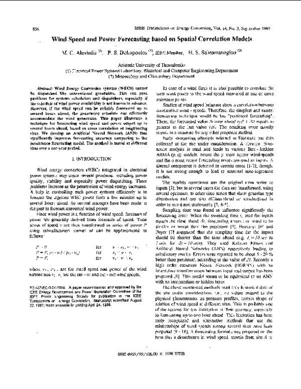 (PDF) Wind speed and power forecasting based on spatial correlation models