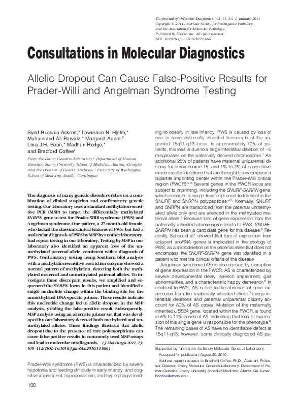 (PDF) Allelic Dropout Can Cause False-Positive Results for Prader-Willi ...