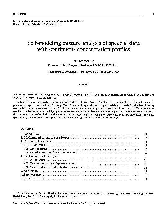 (PDF) Self-modeling mixture analysis of spectral data with continuous concentration profiles