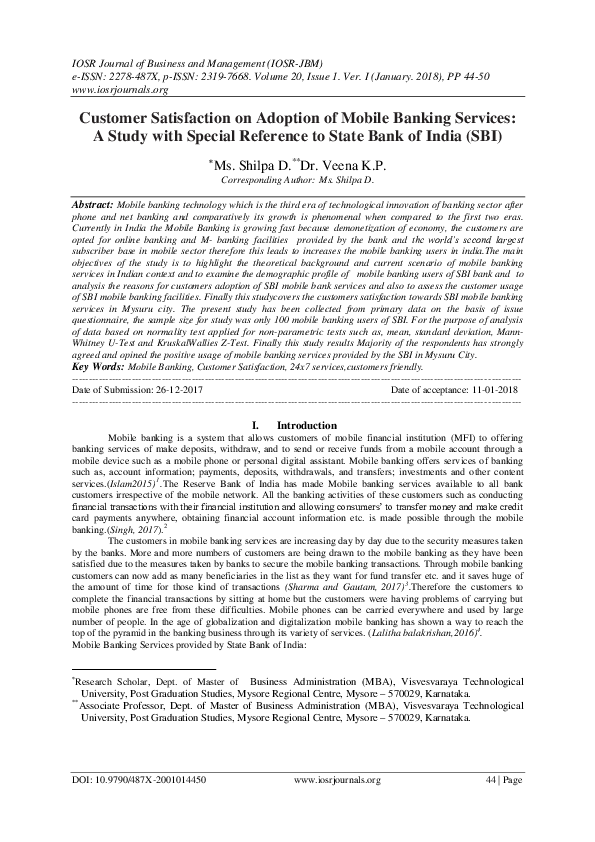 (PDF) Customer Satisfaction on Adoption of Mobile Banking Services: A Study with Special ...