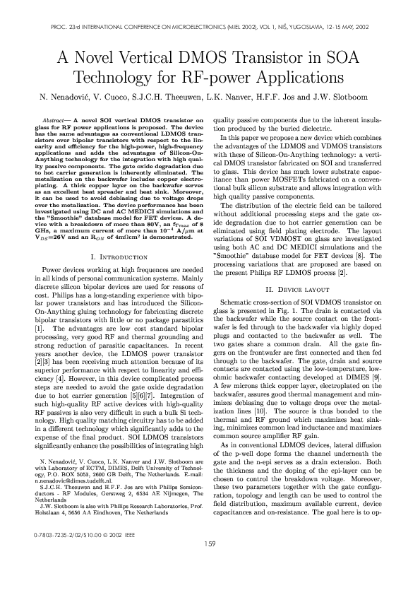 (PDF) A novel vertical DMOS transistor in SOA technology for RF-power ...