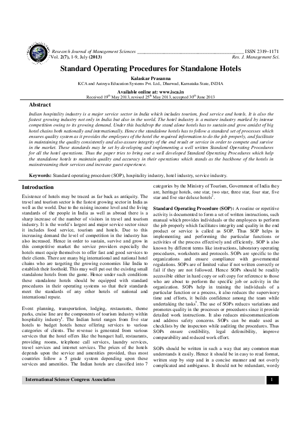 (PDF) Standard Operating Procedures for Standalone Hotels