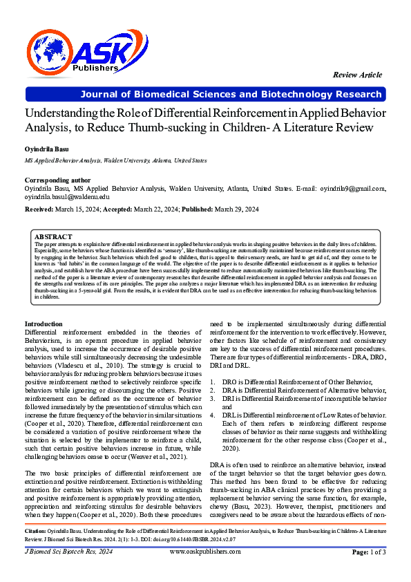 (PDF) Understanding the Role of Differential Reinforcement in Applied Behavior Analysis, to ...