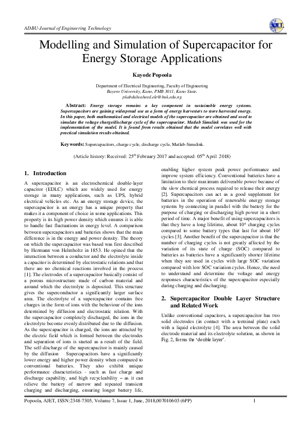 (PDF) Modelling and Simulation of Supercapacitor for Energy Storage Applications