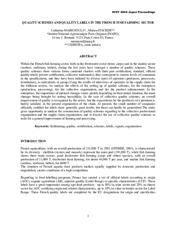 (PDF) Quality schemes and quality labels in the French fish farming sector