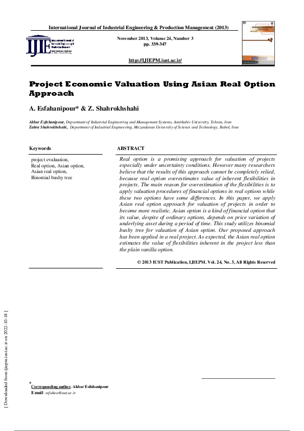(PDF) Project Economic Valuation Using Asian Real Option Approach