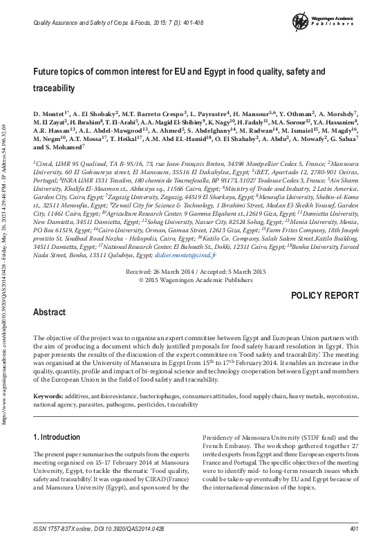 (PDF) Future topics of common interest for EU and Egypt in food quality ...
