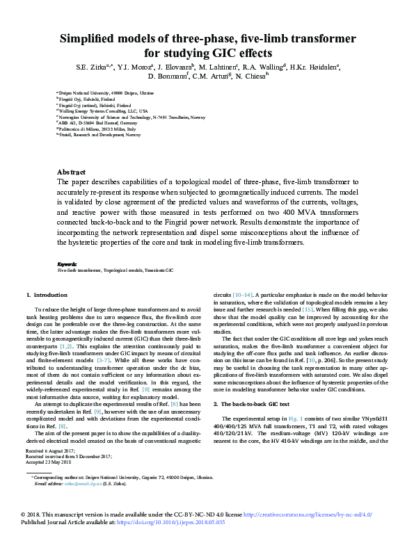 (PDF) Simplified models of three-phase, five-limb transformer for ...