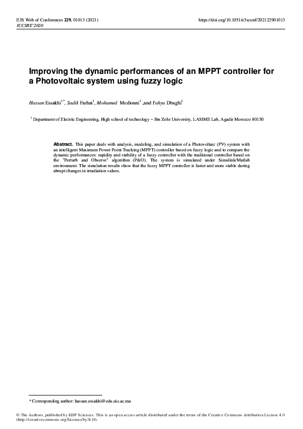 (PDF) Improving the dynamic performances of an MPPT controller for a Photovoltaic system using ...