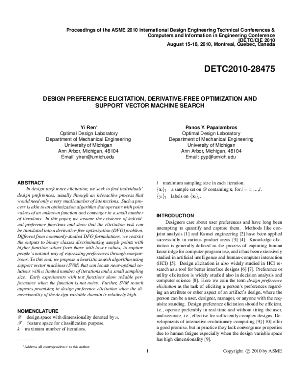 (PDF) Design Preference Elicitation, Derivative-Free Optimization and Support Vector Machine Search