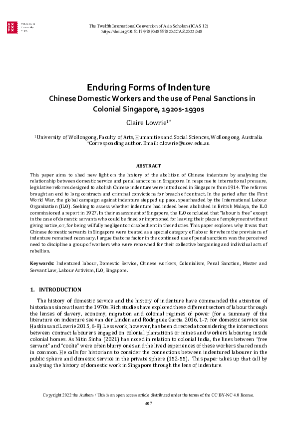 (PDF) Enduring Forms of Indenture Chinese Domestic Workers and the use ...