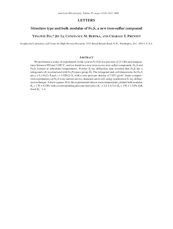 (PDF) Structure type and bulk modulus of Fe3S, a new iron-sulfur compound