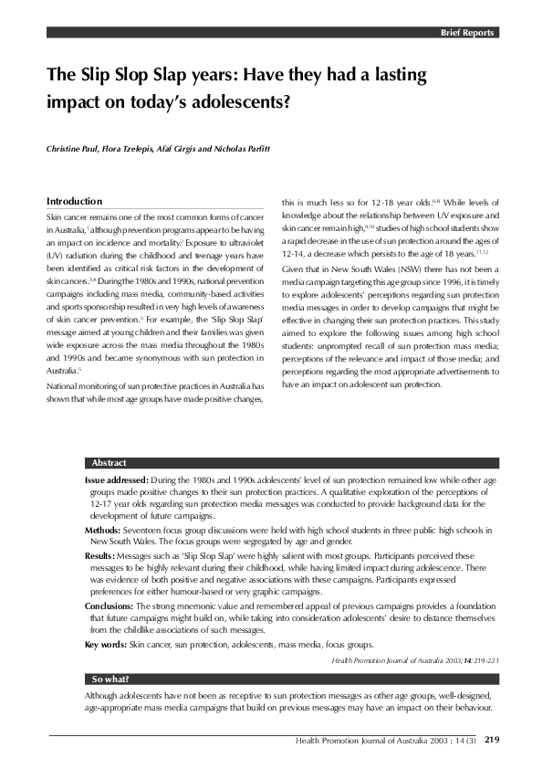 (PDF) The Slip Slop Slap years: Have they had a lasting impact on today ...