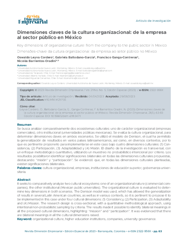(PDF) Dimensiones claves de la cultura organizacional: de la empresa al sector público en México