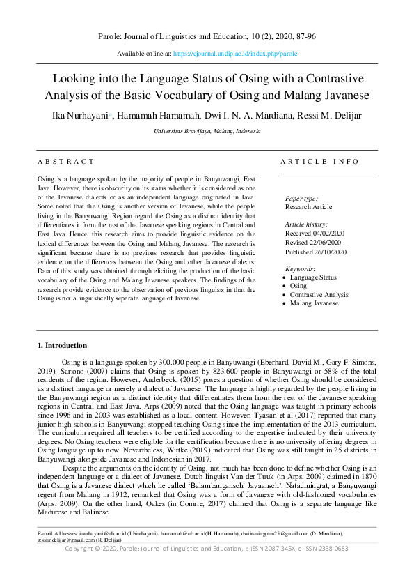 (PDF) Looking into the Language Status of Osing with Contrastive ...