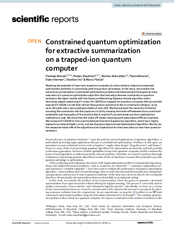 (PDF) Constrained quantum optimization for extractive summarization on a trapped-ion quantum ...