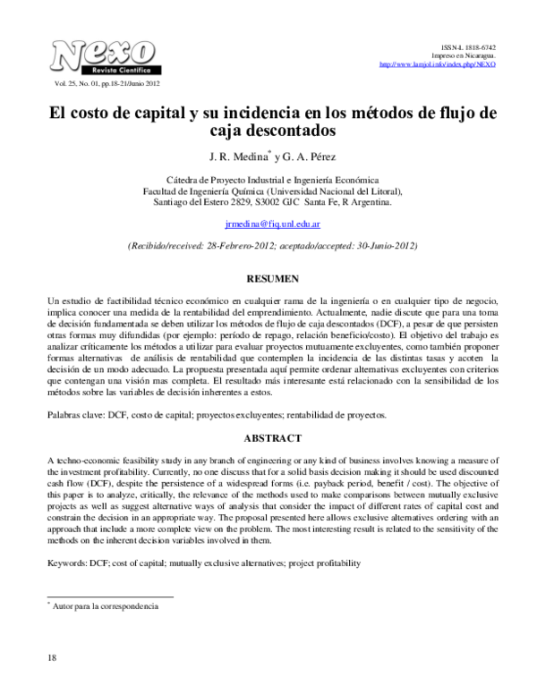 (PDF) El costo de capital y su incidencia en los métodos de flujo de caja descontados