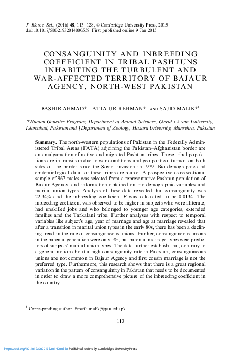 (PDF) Consanguinity and Inbreeding Coefficient in Tribal Pashtuns ...