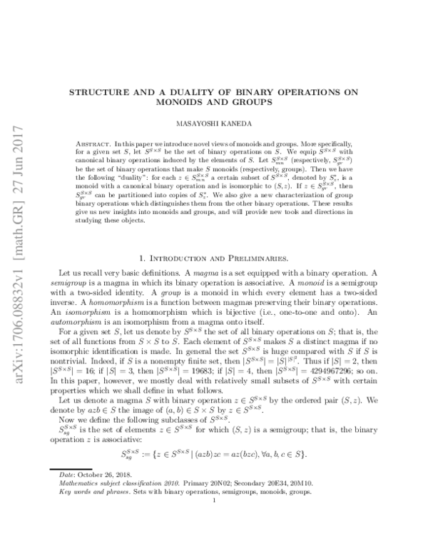 (PDF) Structure and a duality of binary operations on monoids and groups