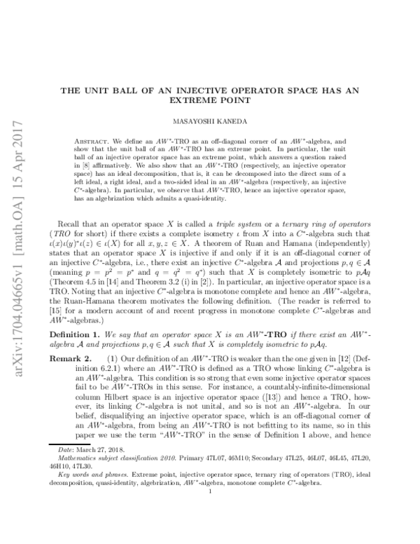 (PDF) The unit ball of an injective operator space has an extreme point