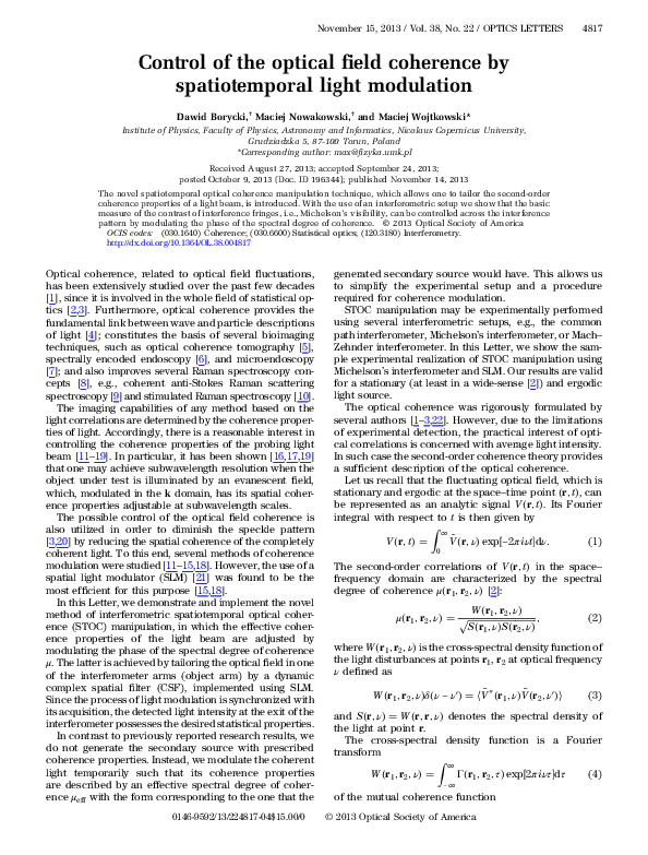 (PDF) Control of the optical field coherence by spatiotemporal light modulation