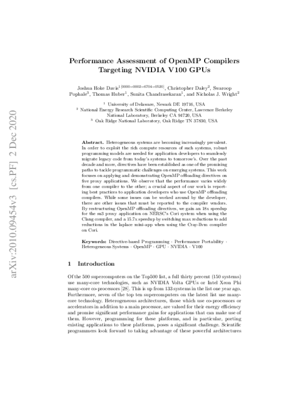 (PDF) Performance Assessment of OpenMP Compilers Targeting NVIDIA V100 GPUs | Swaroop Pophale ...