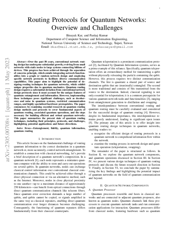 (PDF) Routing Protocols for Quantum Networks: Overview and Challenges