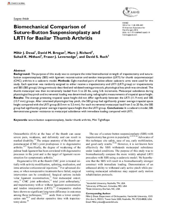 (PDF) Biomechanical Comparison of Suture-Button Suspensionplasty and ...