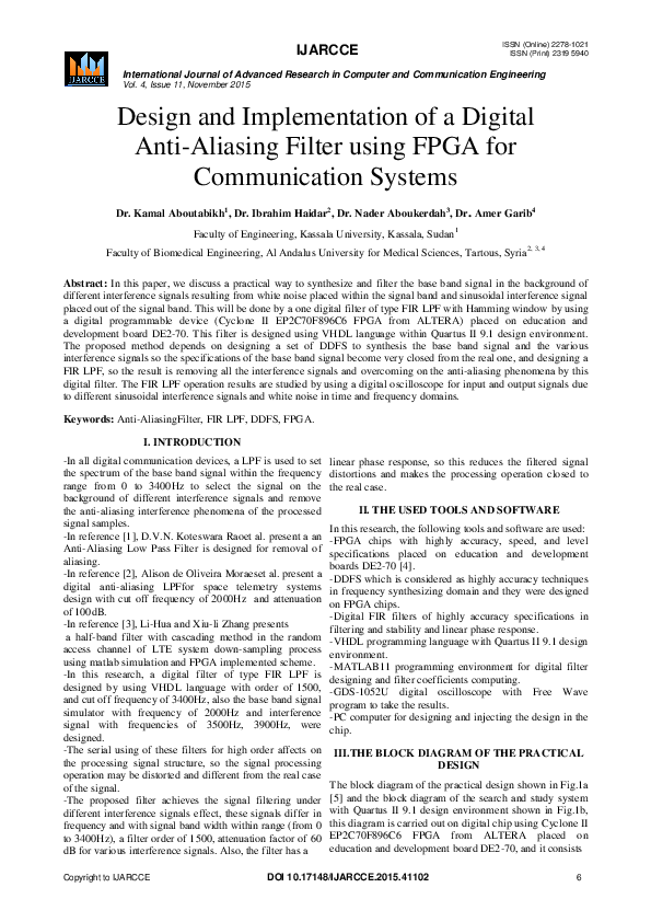 Pdf Design And Implementation Of A Digital Anti Aliasing Filter Using Fpga For Communication 0401