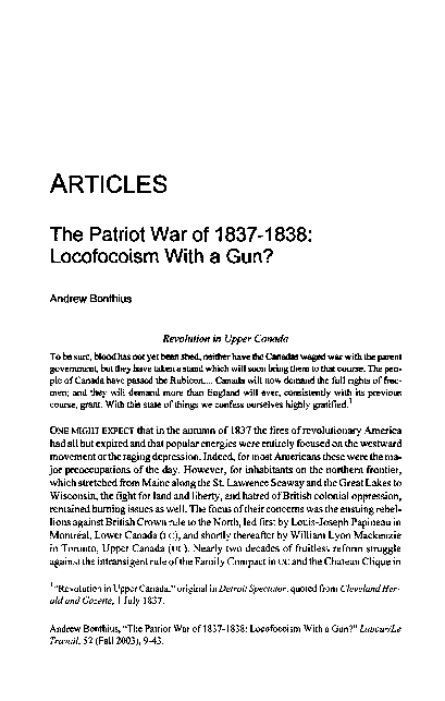 (PDF) The Patriot War of 1837-1838: Locofocoism with a Gun?