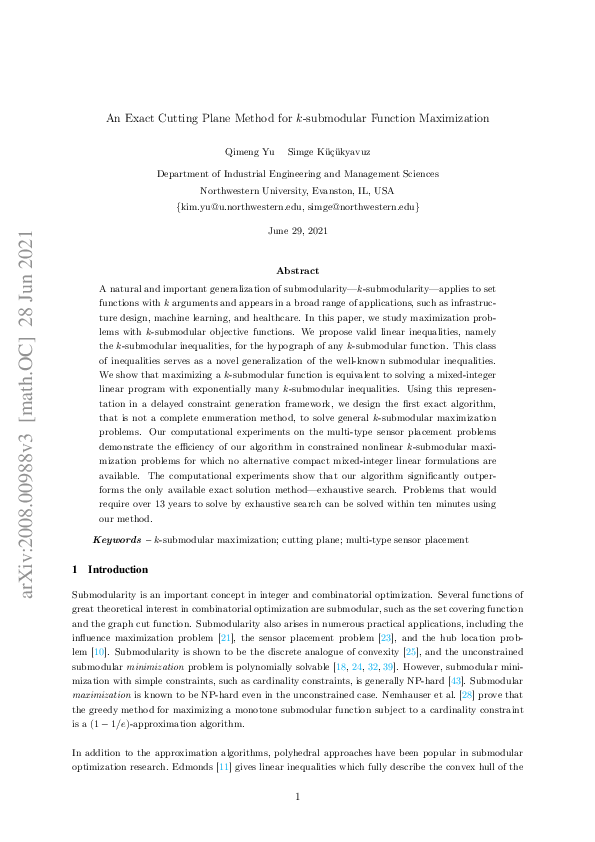 (PDF) An Exact Cutting Plane Method for $k$-submodular Function ...