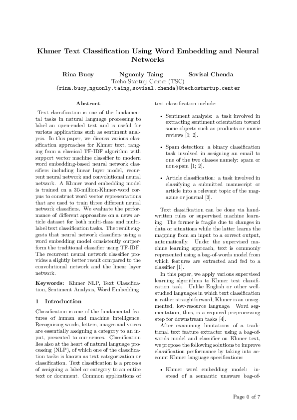 Pdf Khmer Text Classification Using Word Embedding And Neural Networks