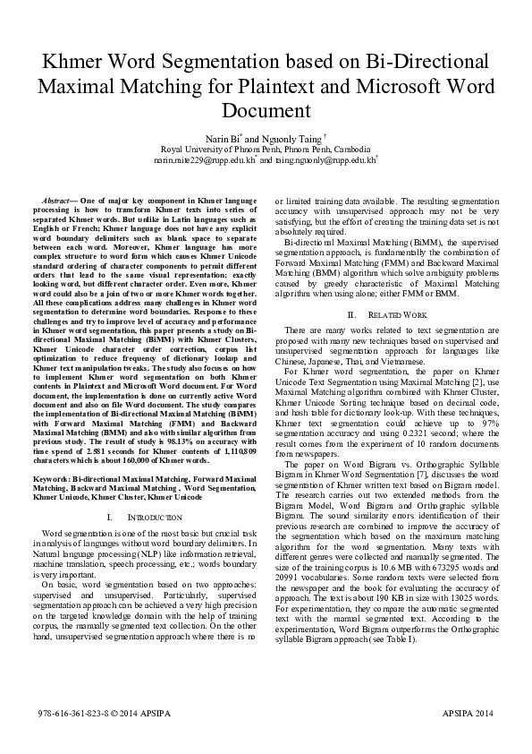 (PDF) Khmer word segmentation based on Bi-directional Maximal Matching for Plaintext and ...