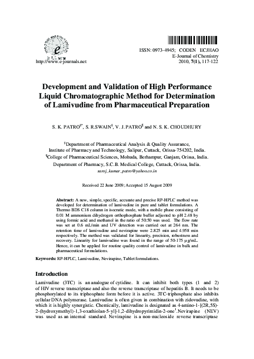 Pdf Development And Validation Of High Performance Liquid Chromatographic Method For