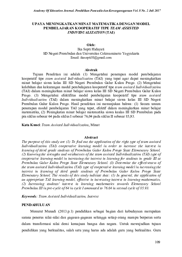 (PDF) Upaya Meningkatkan Minat Matematika Dengan Model Pembelajaran Kooperatif Tipe Team ...