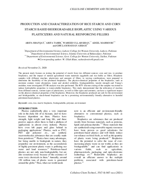 (PDF) Production and Characterization of Rice Starch and Corn Starch Based Biodegradable ...