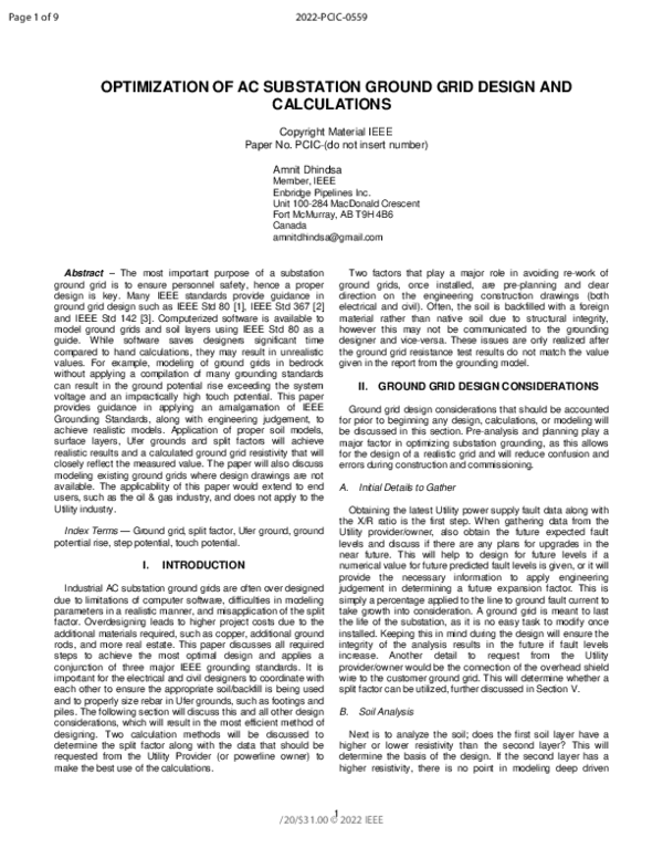Pdf Optimization Of Ac Substation Ground Grid Design And Calculations