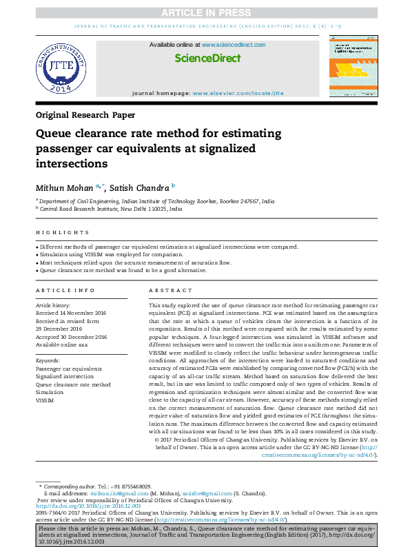 (PDF) Queue Clearance Rate Method for Estimating Passenger Car Equivalents at Signalized ...