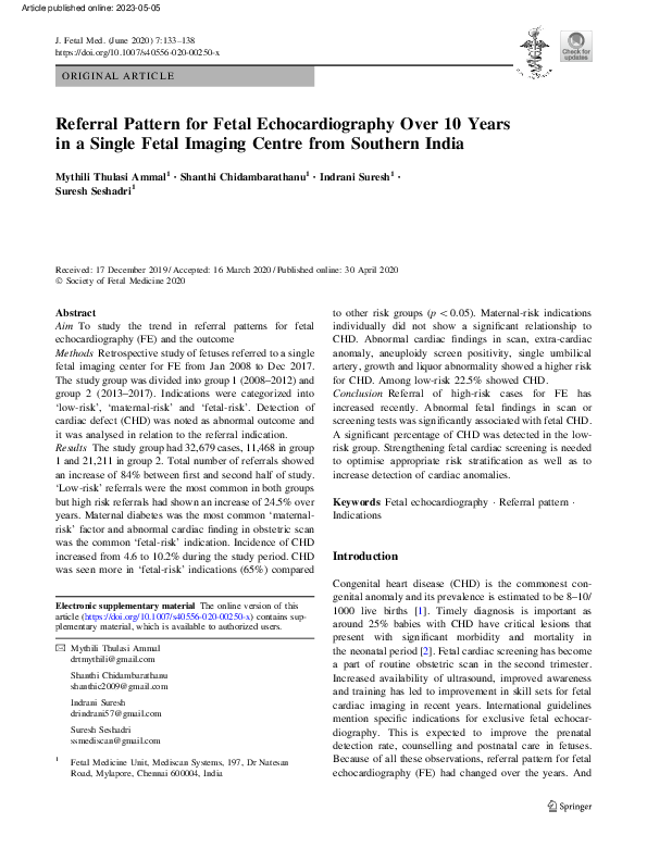 (PDF) Referral Pattern for Fetal Echocardiography Over 10 Years in a ...